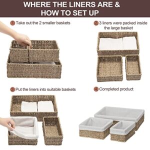 FairyHaus Seagrass Storage Baskets with Liner, Natural Small Seagrass Baskets, Hand-woven Nesting Wicker Baskets Set for Shelves Rectangle 3Pack (L+M+S)