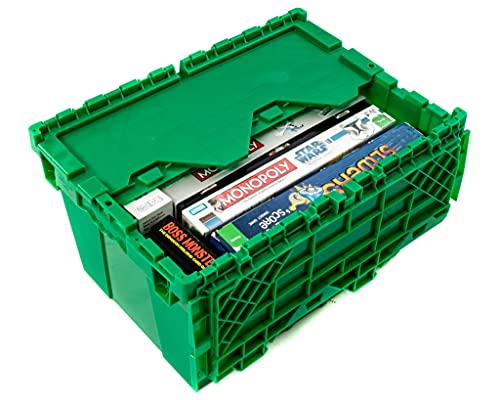 12 Gallon Heavy-Duty Flip Tote Storage Container (PACK OF 4) - Green, Commercial Flip Top Tote, Industrial Plastic Storage Tote - 21 in. L x 15 in. W x 12 in. H, Padlock & Metal Hinged Flip Cover