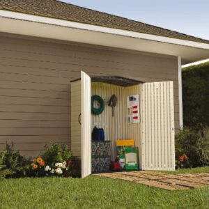 Rubbermaid Storage Shed 5x2 Feet, Sandalwood/Onyx Roof (FG5L1000SDONX), Sandstone & Shed Accessories Large Wire Basket, Individual, Black