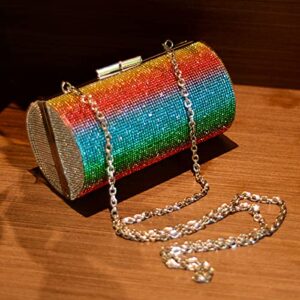 Rainbow Rhinestone Purse Evening Bag Luxury Holographic Handbag Clutch Bag Cylinder Shoulder Bag for Party Wedding