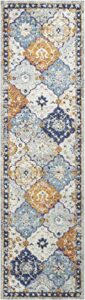 jonathan y mdp214a-28 kirman bohemian medallion indoor area-rug bohemian vintage easy-cleaning bedroom kitchen living room non shedding, 2 x 8, light gray blue orange