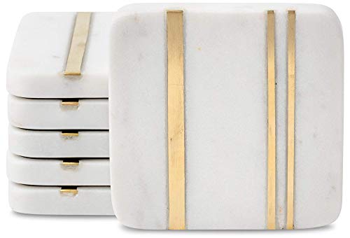 Cork & Mill Marble Coasters for Drinks - Set of 6 Handcrafted Modern Coasters - White Drink Coasters with Gold Brass Inlay - Made from Real Solid Marble