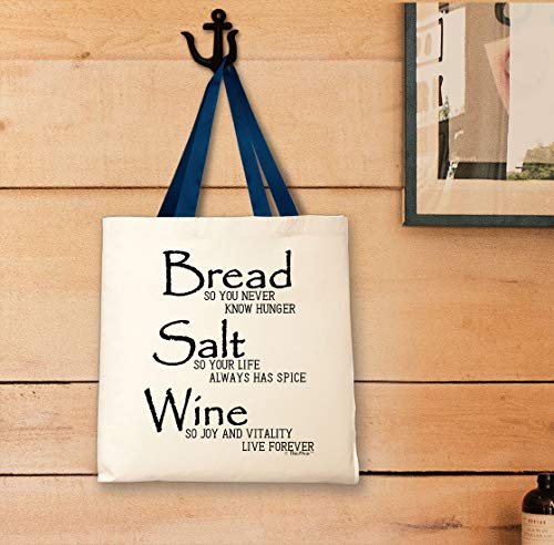 Bread Salt Wine Housewarming Gift For Women Wonderful Life Quote Bread Salt Wine Navy Handle Canvas Tote Bag