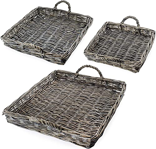 AuldHome Rustic Willow Basket Trays, Set of 3 (Square, Gray Washed); Natural Wicker Decorative Farmhouse Trays