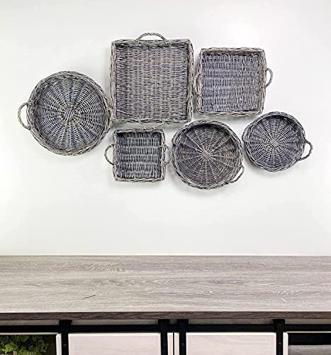 AuldHome Rustic Willow Basket Trays, Set of 3 (Square, Gray Washed); Natural Wicker Decorative Farmhouse Trays