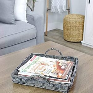 AuldHome Rustic Willow Basket Trays, Set of 3 (Square, Gray Washed); Natural Wicker Decorative Farmhouse Trays