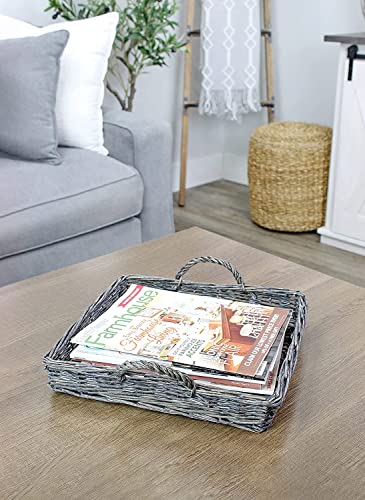 AuldHome Rustic Willow Basket Trays, Set of 3 (Square, Gray Washed); Natural Wicker Decorative Farmhouse Trays