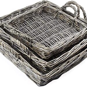 AuldHome Rustic Willow Basket Trays, Set of 3 (Square, Gray Washed); Natural Wicker Decorative Farmhouse Trays