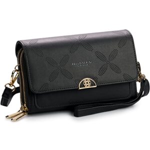 paulo serini® crossbody bag for women – shoulder bag made of 100% vegan leather – cell phone clutch purse with 2 compartments & zipper – wristlet wallet with 2 adjustable straps – onyx black