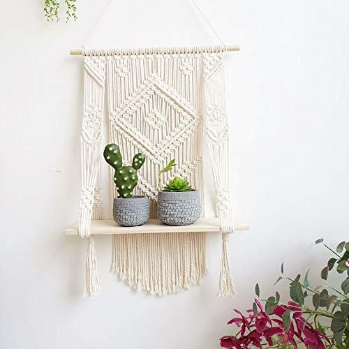 BLUETTEK Hanging Macrame Shelf Boho Wall Hangings Floating Shelf Organizer Hanger for Home Decor (29.53" L x 19.68" W)