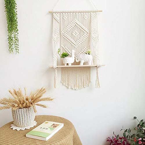 BLUETTEK Hanging Macrame Shelf Boho Wall Hangings Floating Shelf Organizer Hanger for Home Decor (29.53" L x 19.68" W)