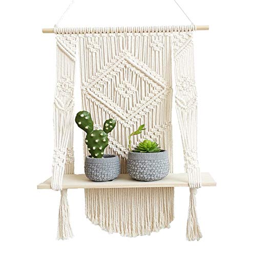 BLUETTEK Hanging Macrame Shelf Boho Wall Hangings Floating Shelf Organizer Hanger for Home Decor (29.53" L x 19.68" W)