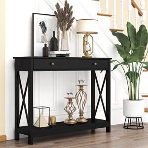 treocho oxford design console table with drawer and storage shelves, foyer sofa table narrow for entryway, living room, hallway, black