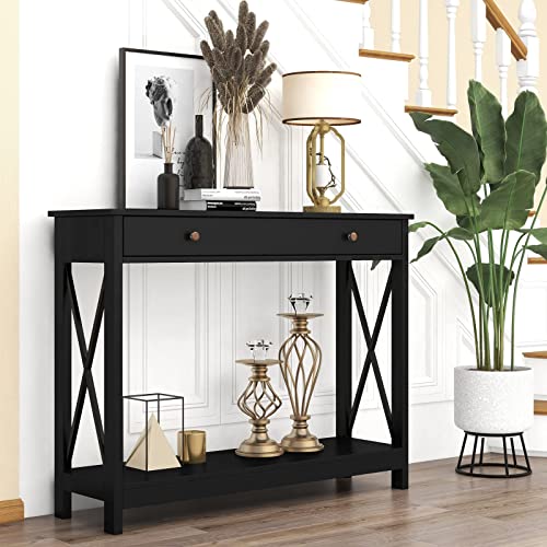 Treocho Oxford Design Console Table with Drawer and Storage Shelves, Foyer Sofa Table Narrow for Entryway, Living Room, Hallway, Black