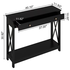 Treocho Oxford Design Console Table with Drawer and Storage Shelves, Foyer Sofa Table Narrow for Entryway, Living Room, Hallway, Black