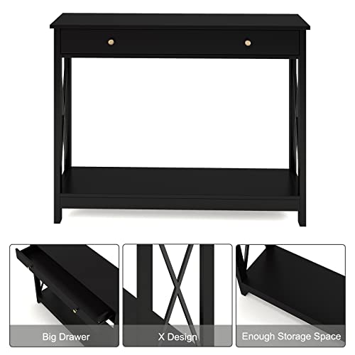 Treocho Oxford Design Console Table with Drawer and Storage Shelves, Foyer Sofa Table Narrow for Entryway, Living Room, Hallway, Black