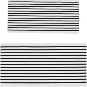 Breezsisan Black and White Kitchen Rugs, Striped Cotton Woven Bath Carpet 2 Piece 2'x3' + 2' x 4.3' Thin Outdoor Rugs Layering Front Doormat Modern Rugs for Porch Patio Entryway & Welcome Mat.