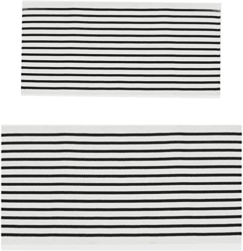 Breezsisan Black and White Kitchen Rugs, Striped Cotton Woven Bath Carpet 2 Piece 2'x3' + 2' x 4.3' Thin Outdoor Rugs Layering Front Doormat Modern Rugs for Porch Patio Entryway & Welcome Mat.