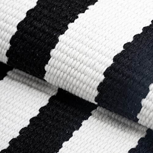 Breezsisan Black and White Kitchen Rugs, Striped Cotton Woven Bath Carpet 2 Piece 2'x3' + 2' x 4.3' Thin Outdoor Rugs Layering Front Doormat Modern Rugs for Porch Patio Entryway & Welcome Mat.