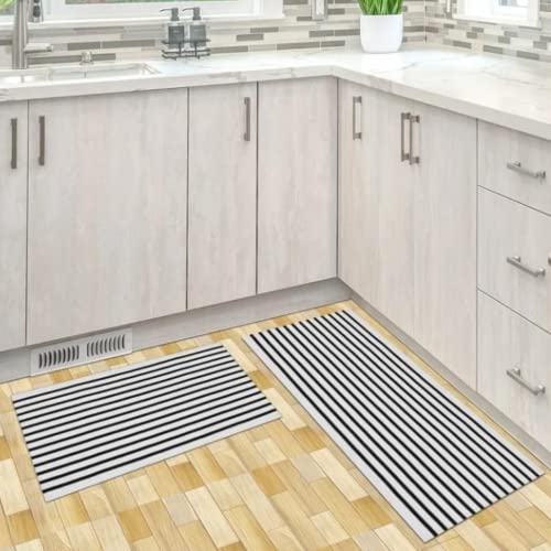 Breezsisan Black and White Kitchen Rugs, Striped Cotton Woven Bath Carpet 2 Piece 2'x3' + 2' x 4.3' Thin Outdoor Rugs Layering Front Doormat Modern Rugs for Porch Patio Entryway & Welcome Mat.