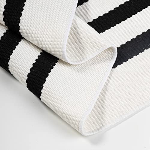 Breezsisan Black and White Kitchen Rugs, Striped Cotton Woven Bath Carpet 2 Piece 2'x3' + 2' x 4.3' Thin Outdoor Rugs Layering Front Doormat Modern Rugs for Porch Patio Entryway & Welcome Mat.