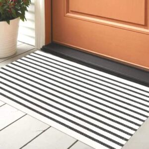 Breezsisan Black and White Kitchen Rugs, Striped Cotton Woven Bath Carpet 2 Piece 2'x3' + 2' x 4.3' Thin Outdoor Rugs Layering Front Doormat Modern Rugs for Porch Patio Entryway & Welcome Mat.