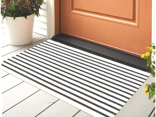 Breezsisan Black and White Kitchen Rugs, Striped Cotton Woven Bath Carpet 2 Piece 2'x3' + 2' x 4.3' Thin Outdoor Rugs Layering Front Doormat Modern Rugs for Porch Patio Entryway & Welcome Mat.