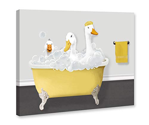 Genius Decor- Modern Funny Wall Art for Bathroom Yellow Gray Three Gooses in Bathtub Picture Print Canvas Decor (Ducks)