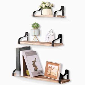 INSTORY Set of 3 Extended Floating Shelves Wall Mounted Shelf Solid Wood Hanging Shelf Wall Storage Shelves for Living Room,Bedroom,Kitchen,Office,Bathroom Etc - Natural Wood