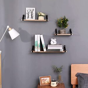 INSTORY Set of 3 Extended Floating Shelves Wall Mounted Shelf Solid Wood Hanging Shelf Wall Storage Shelves for Living Room,Bedroom,Kitchen,Office,Bathroom Etc - Natural Wood