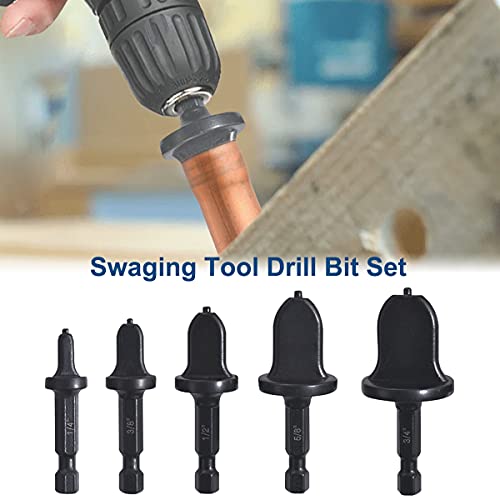 SeonFook 5pcs Swaging Tool Drill Bit Set Copper Pipe Flaring Tools with 1/4'' 3/8'' 1/2'' 5/8'' 3/4'' Bits Multifunction Tube Expander Portable Drill Bit Repairing Kit 1/4-Inch Hex Shank HVAC Tool