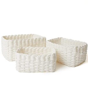 la jolie muse woven storage baskets for organizing, recycled paper rope basket bin divider for makeup towel shelf cupboards drawer closet dresser, decorative white storage basket set of 3