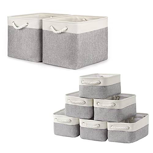 Bidtakay Baskets Set Fabric Storage Bins-White&Grey Bundled Baskets of 2 Large Baskets 16" X 11.8" X 11.8" + 6 Small Baskets 11.8" X 7.8" X 5"