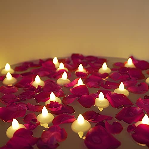 Homemory 24 Pack Waterproof Flameless Floating Tealights with Dried Rose Petals, Warm White Battery Flickering LED Tea Lights Candles - Wedding, Party, Centerpiece, Pool & SPA