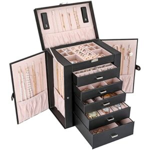 procase large jewelry organizer box for women girls, 6 layers storage display holder case with drawers and dividers for earrings necklaces rings bracelets watches -black