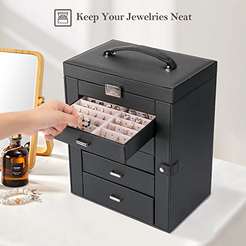 ProCase Large Jewelry Organizer Box for Women Girls, 6 Layers Storage Display Holder Case with Drawers and Dividers for Earrings Necklaces Rings Bracelets Watches -Black