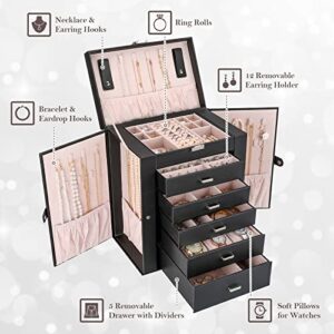 ProCase Large Jewelry Organizer Box for Women Girls, 6 Layers Storage Display Holder Case with Drawers and Dividers for Earrings Necklaces Rings Bracelets Watches -Black