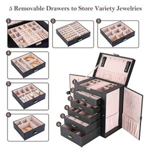 ProCase Large Jewelry Organizer Box for Women Girls, 6 Layers Storage Display Holder Case with Drawers and Dividers for Earrings Necklaces Rings Bracelets Watches -Black