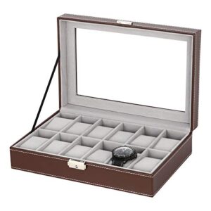 liantral watch box, 12-slot leather watch case organizer watch holder for men, glass top (brown)