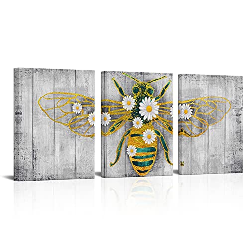 Bee Canvas Wall Art Yellow and Green Animal Insect Painting Honeybee Wall Decor for Living Room Kitchen Wall Decoration Framed and Stretched Easy to Hang Size 12"x16"x3