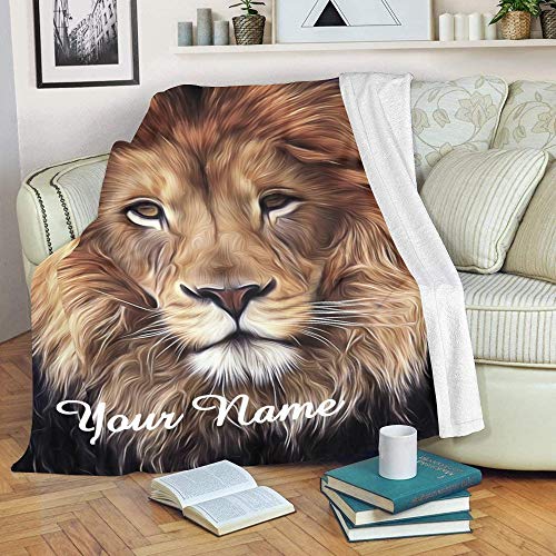 CUXWEOT Custom Blanket with Name Text,Personalized Lion Animal Super Soft Fleece Throw Blanket for Couch Sofa Bed (50 X 60 inches)