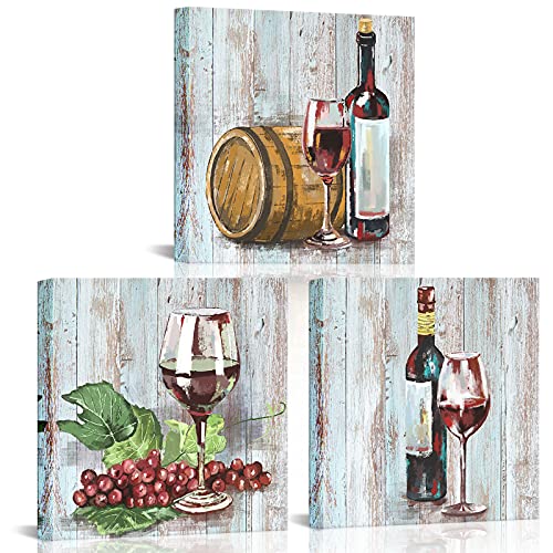 LoveHouse 3 Panel Kitchen Room Picture Wall Decor Red Wine Grape Barrel Canvas Prints Artwork for Dining Room Bar Decoration Still Life Modern Home Decoration Stretched Framed Ready to Hang 12x12inchx3pcs