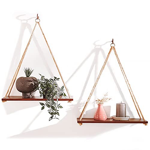 HomeBuddy Hanging Shelves - Adjustable Hanging Shelf, Wall Hanging Decor Set of 2, Lightweight, Premium Wooden Shelf from Bamboo, Hanging Plant Shelf for Bedroom and Living Room