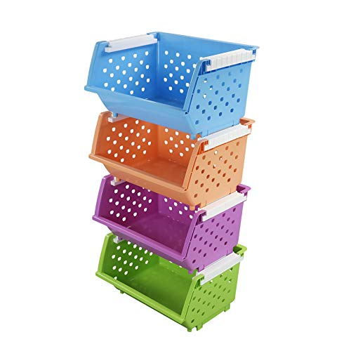 Lesbin 4-Pack Plastic Stackable Storage Baskets, Colored Stacking Bin