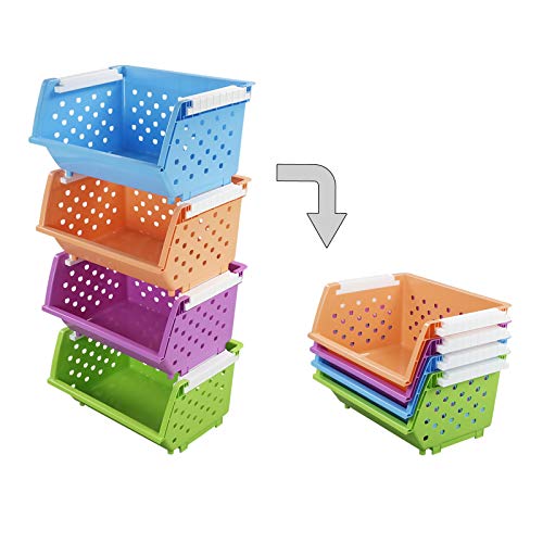 Lesbin 4-Pack Plastic Stackable Storage Baskets, Colored Stacking Bin