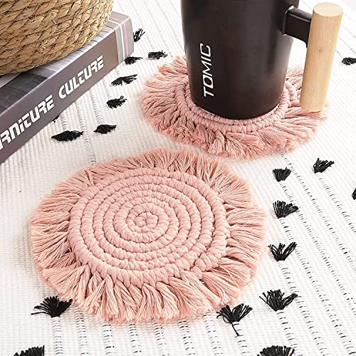 MIKEBE 2 PCS Coasters for Drinks, Boho Coasters,Macrame Coasters with Tassels,Table Decor Bohemian Braided Coasters,Coaster Set for Home,Office and Bar,Housewarming Gift-Pink, 7.4IN