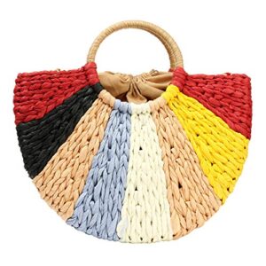 summer rattan bag for women hand-woven beach top-handle handbag straw rattan tote bags (red and black multicolor)