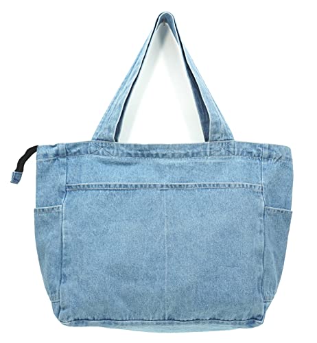 YunZh Denim Tote Bag Casual Style Lightweight Classic Retro Travel Shopper Shoulder Handbag