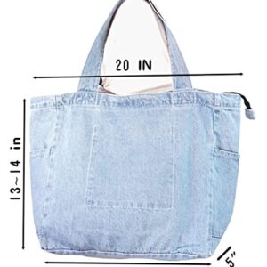 YunZh Denim Tote Bag Casual Style Lightweight Classic Retro Travel Shopper Shoulder Handbag