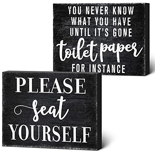 2 Pieces Funny Farmhouse Bathroom Decor You Never Know What You Have Until It's Gone Toilet Paper Sign Please Seat Yourself Sign Humor Toilet Box Plaque for Toilet Decoration, 4 x 5 Inch (Black)